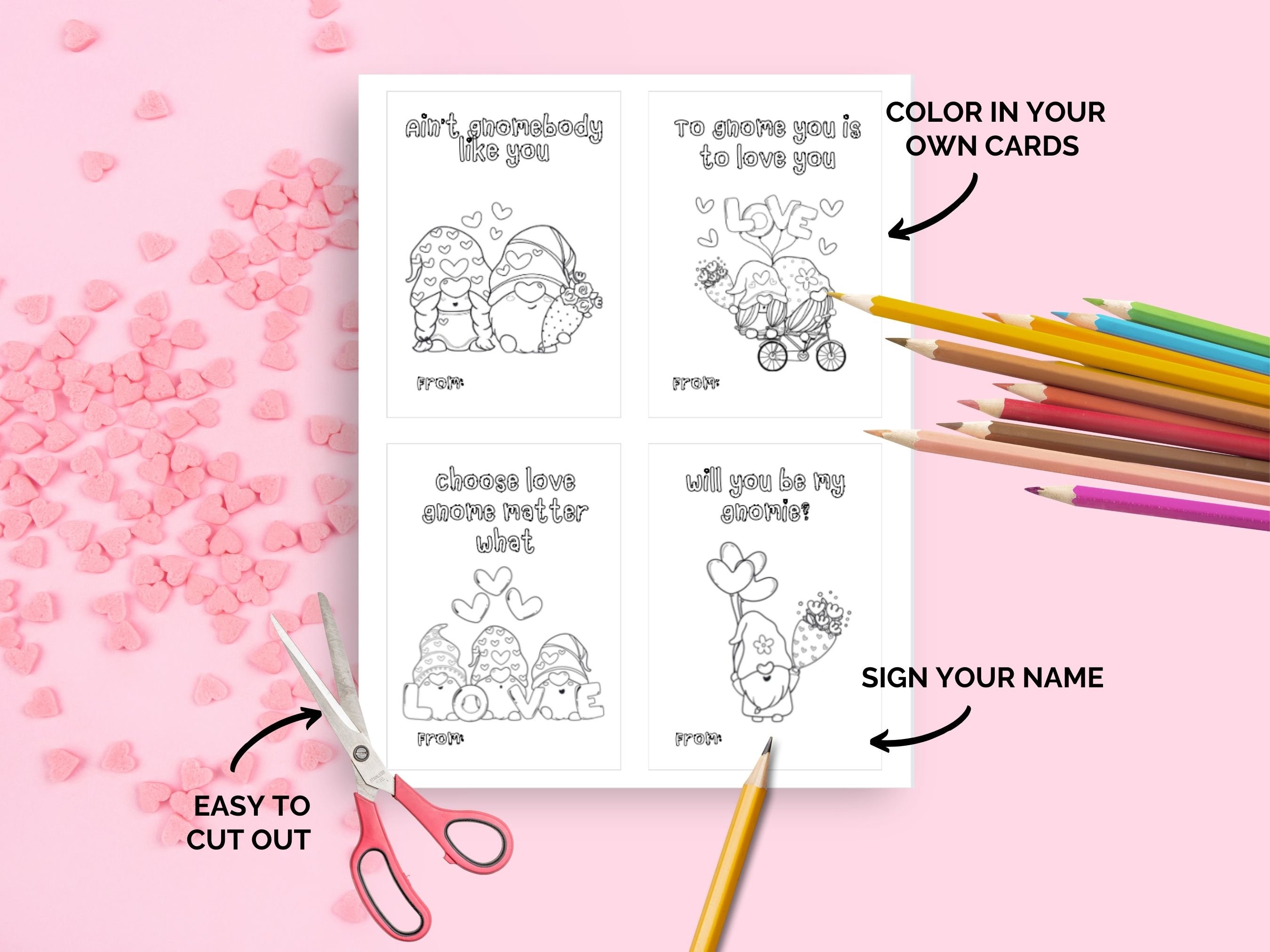 Gnome Valentine Coloring Cards for Kids Printable Valentine's Day Cards ...