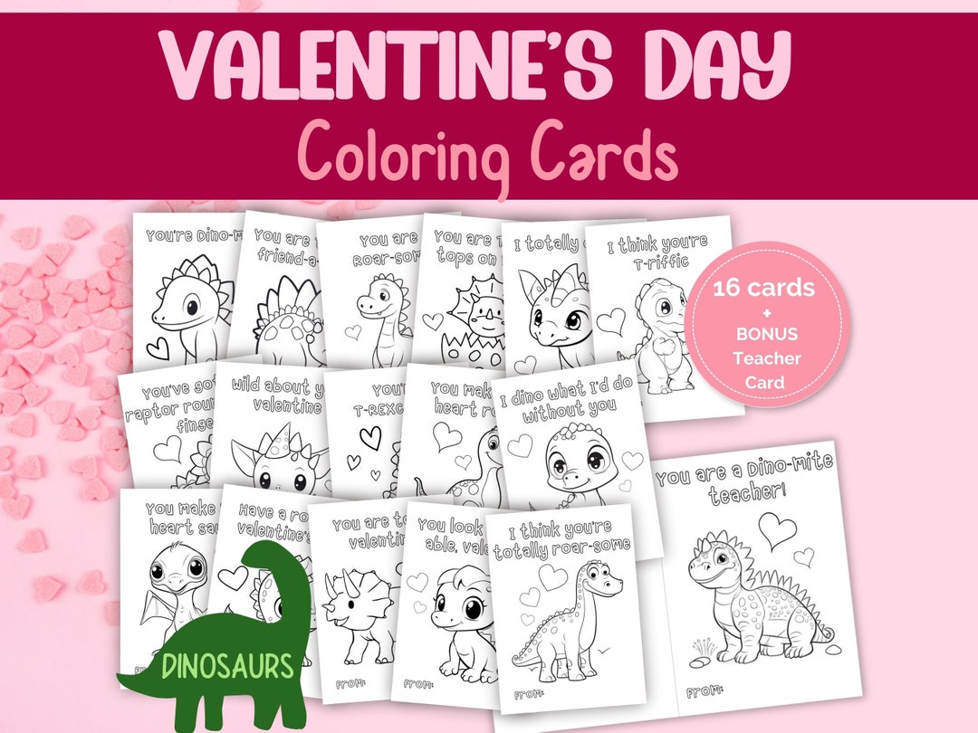 Dinosaur Valentine Coloring Cards for Kids - Printable Valentine's Day ...