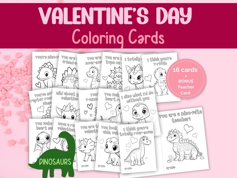 Dinosaur Valentine Coloring Cards for Kids - Printable Valentine's Day ...