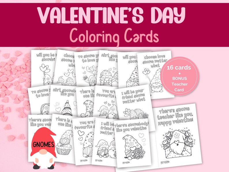 Gnome Valentine Coloring Cards for Kids - Printable Valentine's Day ...