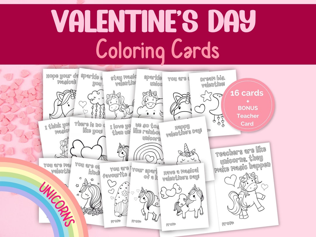 Unicorn Valentine Coloring Cards for Kids - Printable Valentine's Day ...