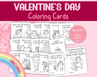 Unicorn Coloring Valentine's Day Cards, Printable Valentine's Day Cards ...