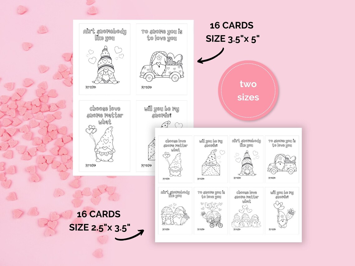 Gnome Valentine Coloring Cards for Kids Printable Valentine's Day Cards ...