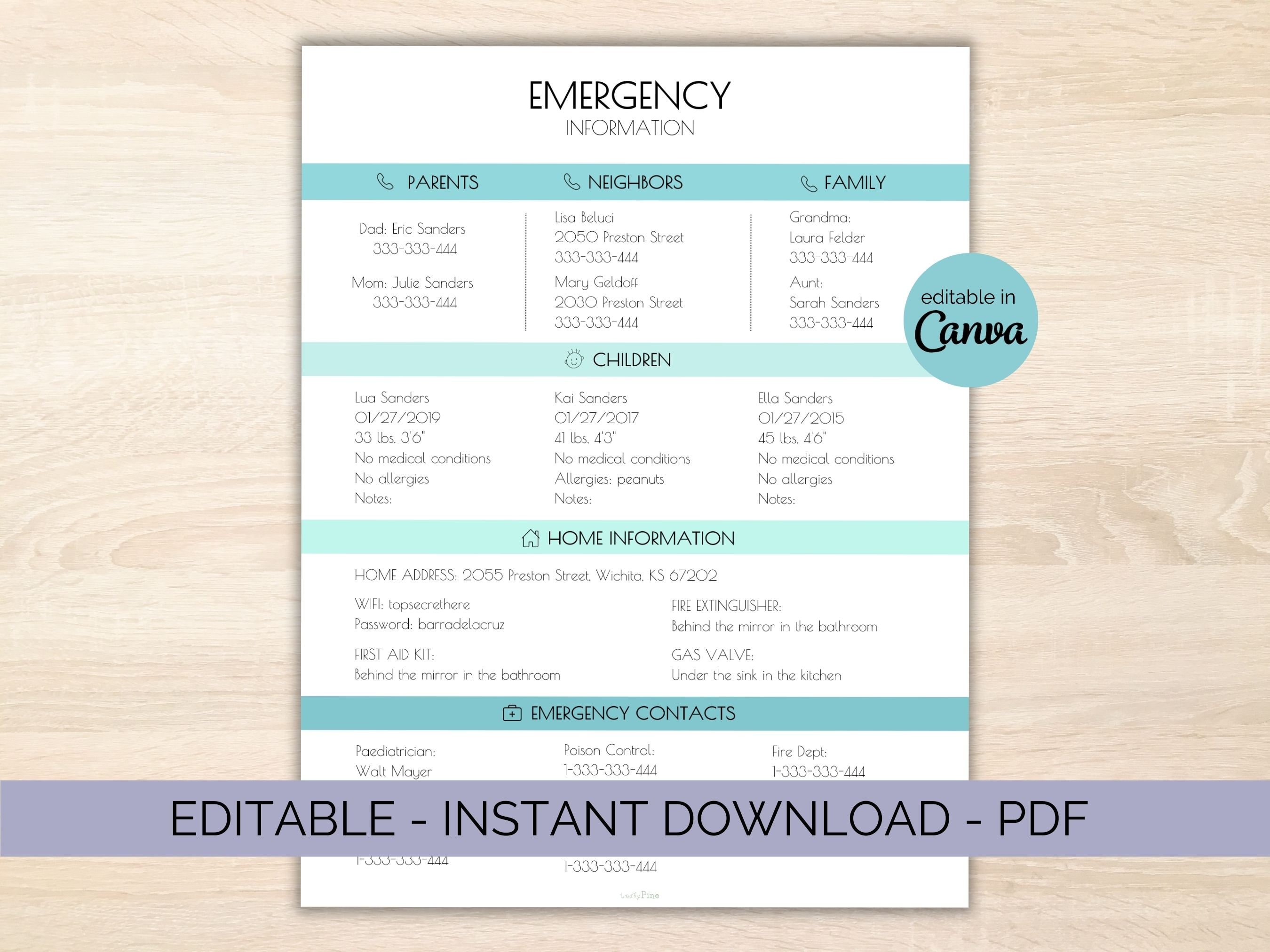 Emergency Information Sheet - Important Information PDF - Emergency ...