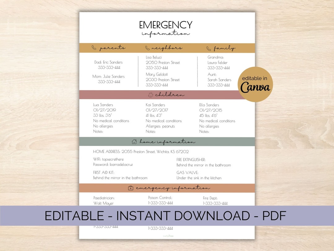 Emergency Information Sheet - Important Information PDF - Emergency ...