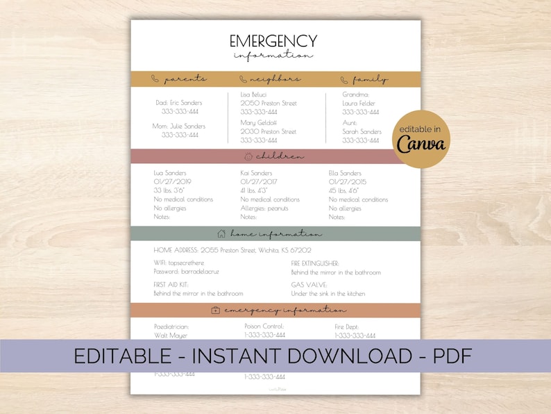 Emergency Information Sheet - Important Information PDF - Emergency ...