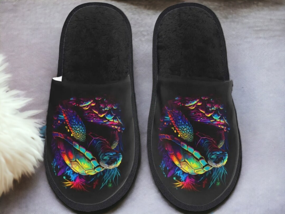 Colorful Turtle in the Water Bedroom Slippers Warm and Furry, Plush ...
