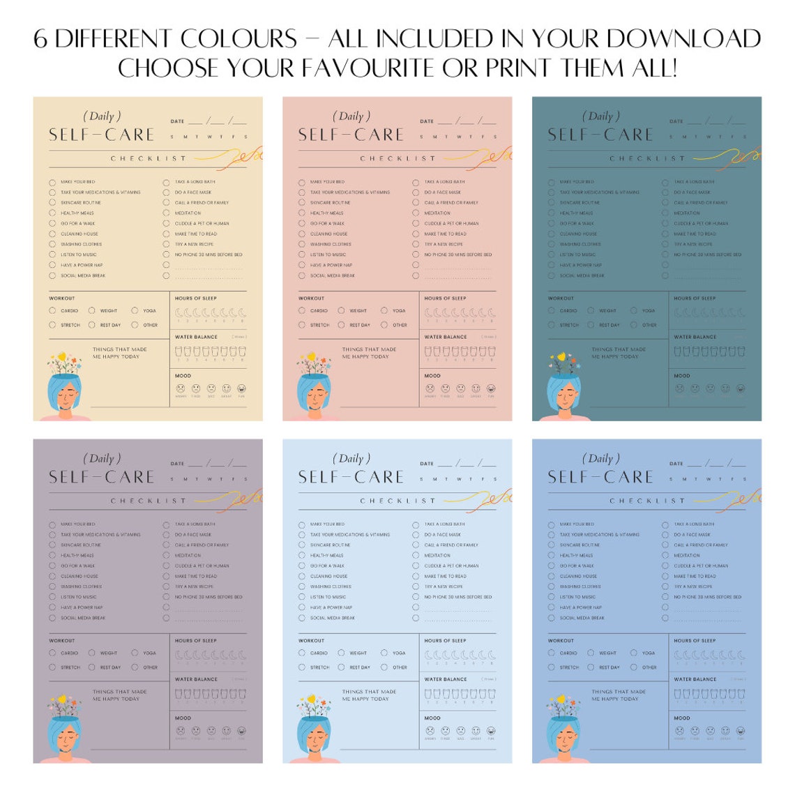 Self Care Checklist, Printable Digital PDF Wellness Planner, Self Care ...