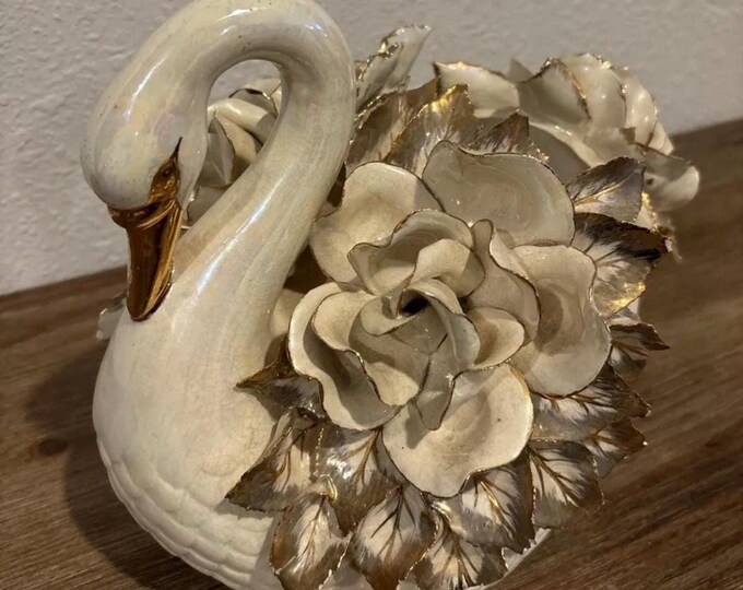 Vintage LARGE Swan Statue Planter W/ Rose Flowers Gold Ceramic Handmade ...