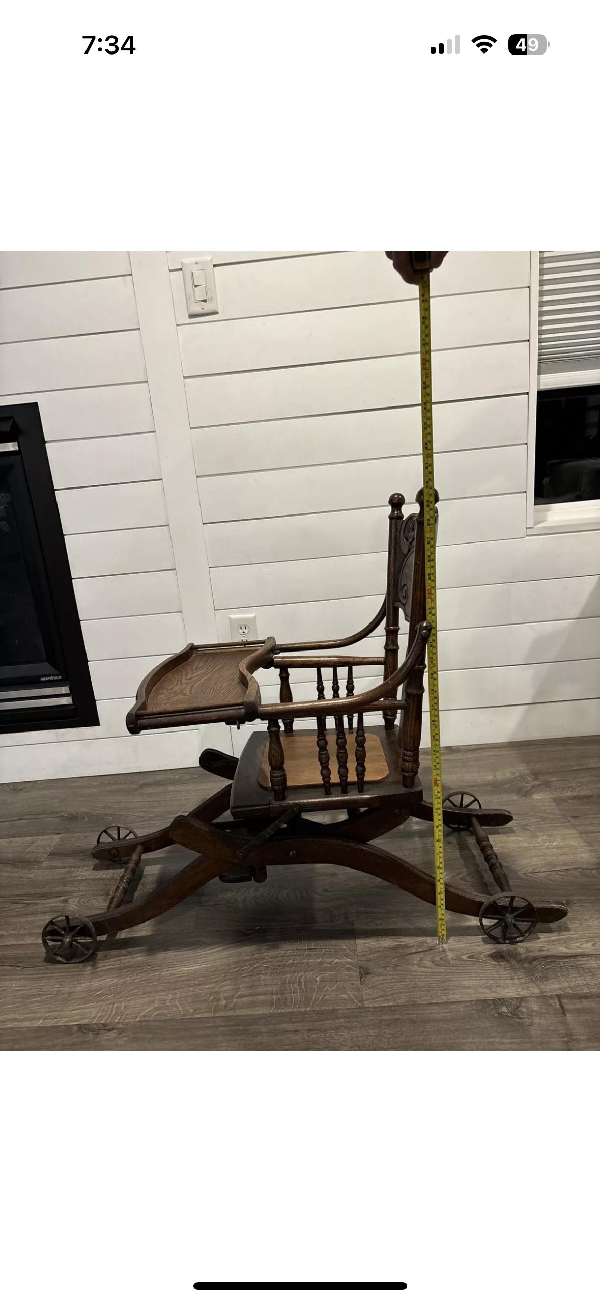 Antique Oak Collapsible High Chair Stroller Adjustable Height Wheels ...