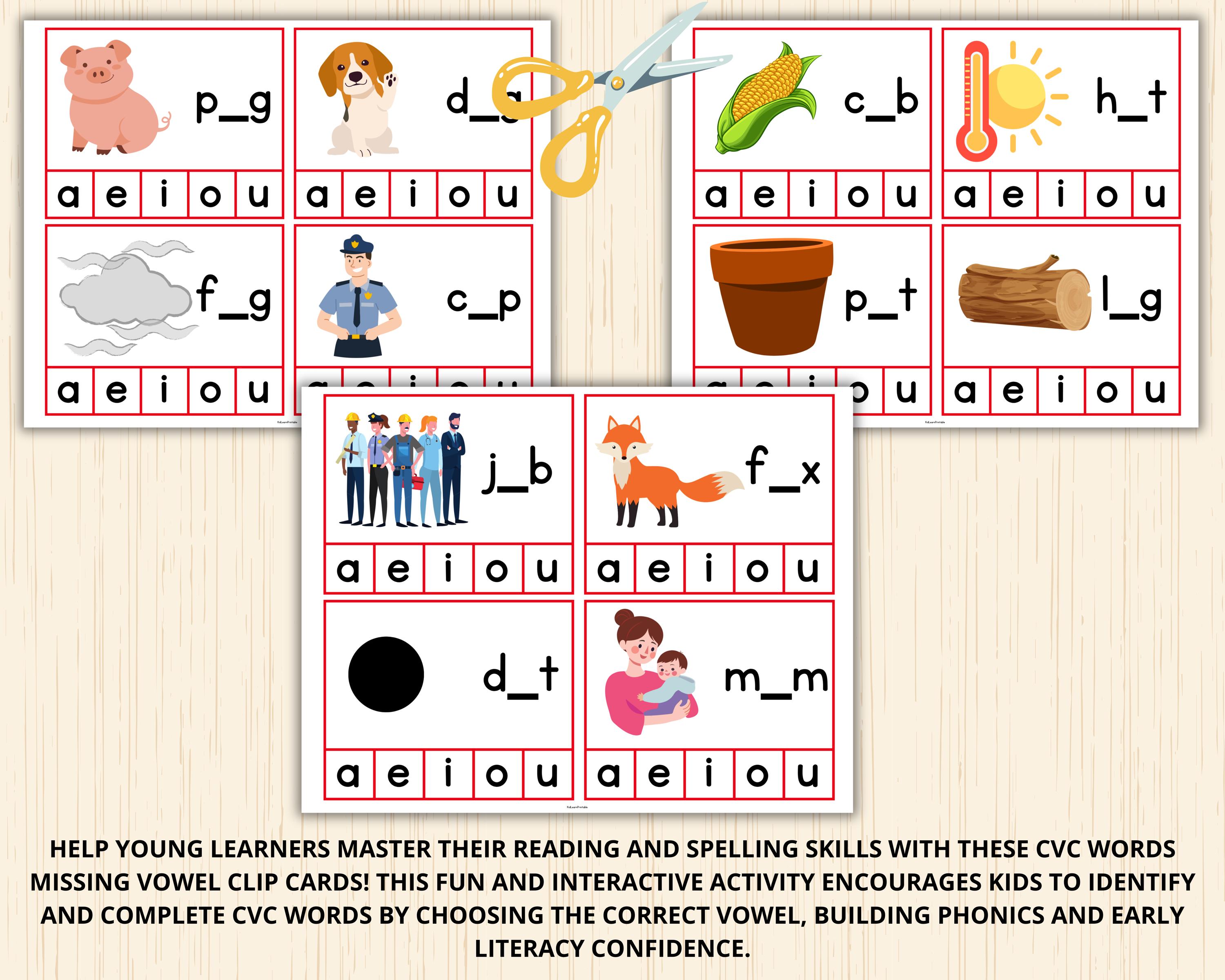 CVC Words Missing Vowel Clip Cards,cvc Vowel Sound Clip Cards ...