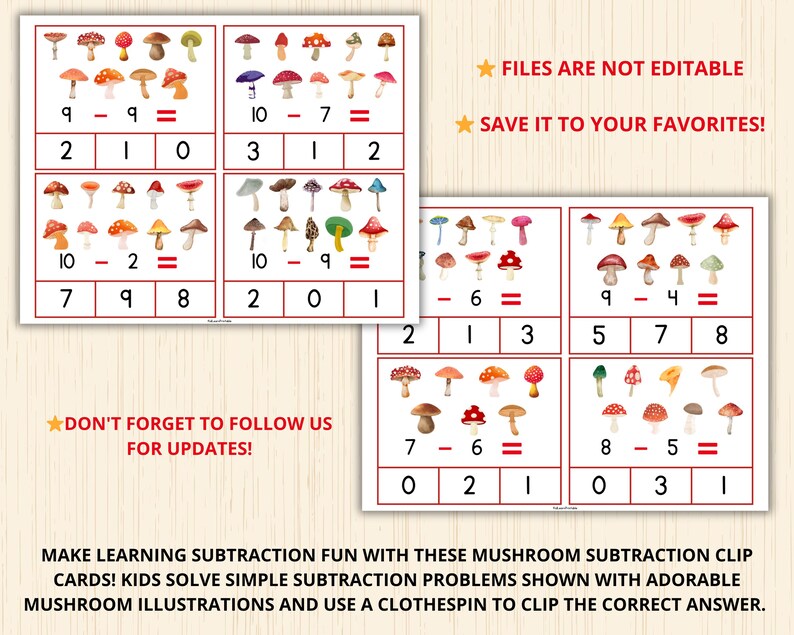 Mushroom Subtraction Clip Card,montessori Mushroom,subtraction Math ...