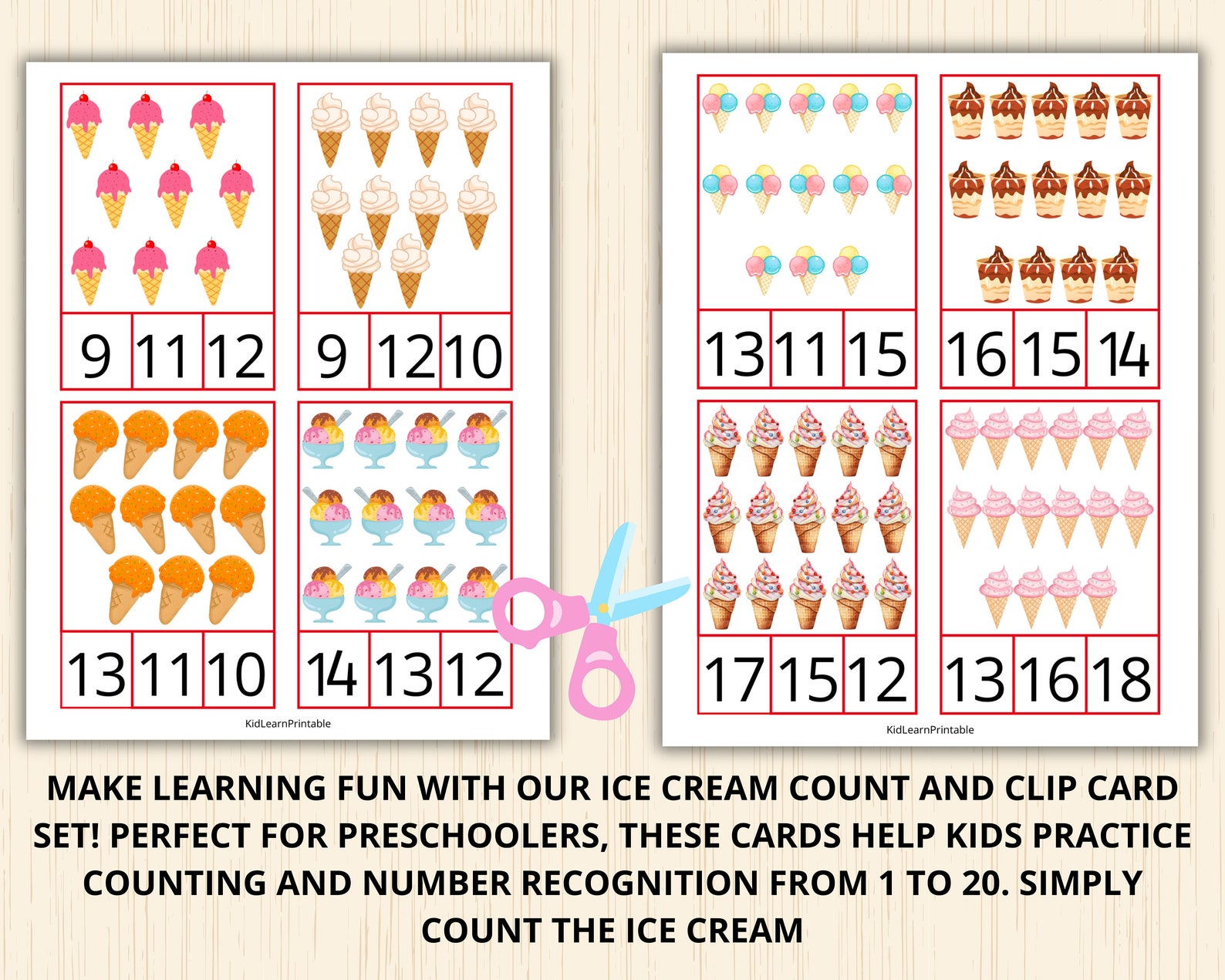 Ice Cream Count Clip Cards,numbers 1-20,preschool Math Center,counting ...