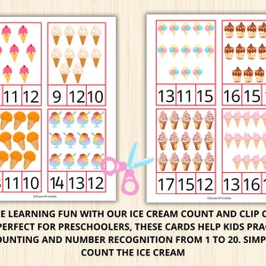 Ice Cream Count Clip Cards,numbers 1-20,preschool Math Center,counting ...