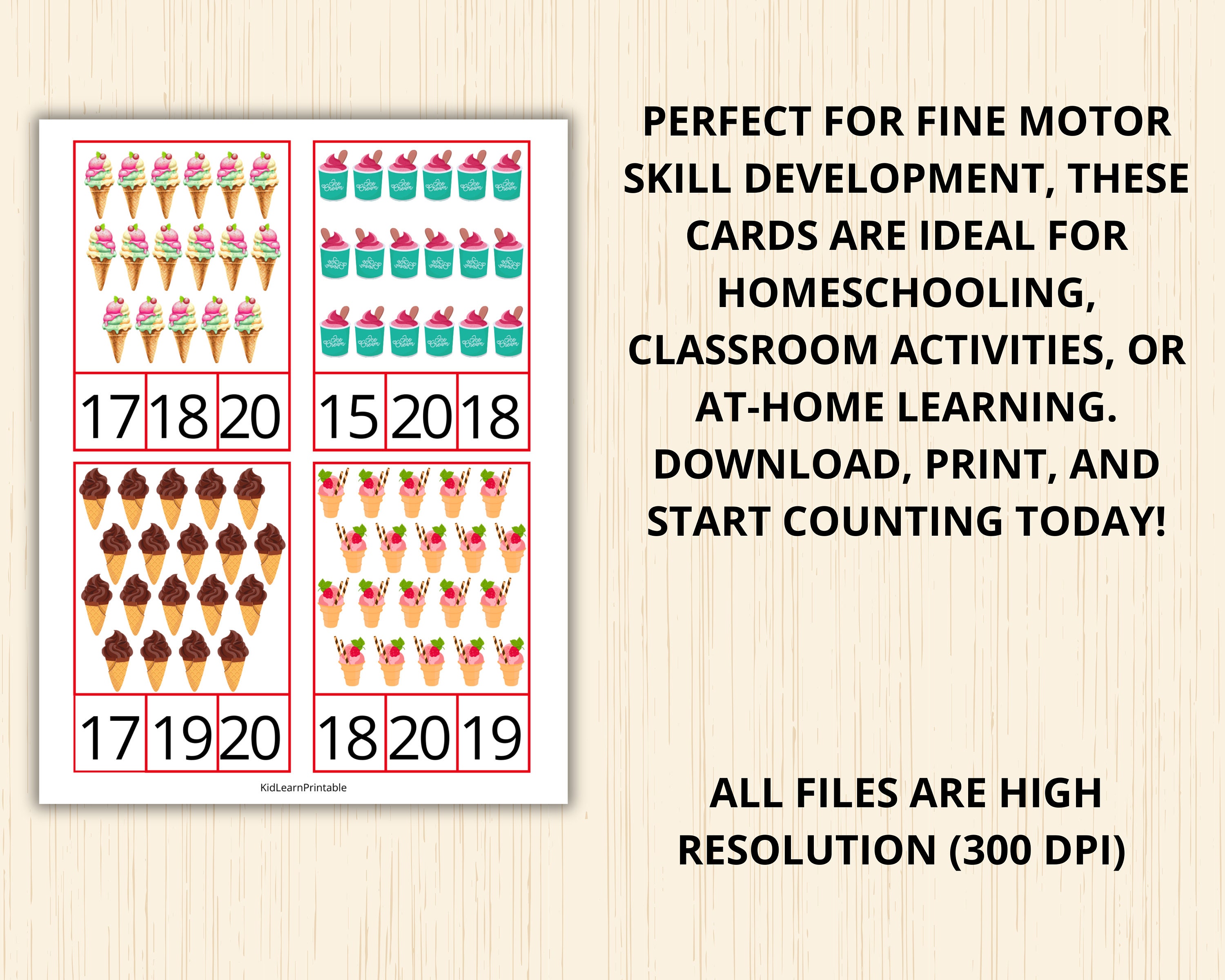 Ice Cream Count Clip Cards,numbers 1-20,preschool Math Center,counting ...