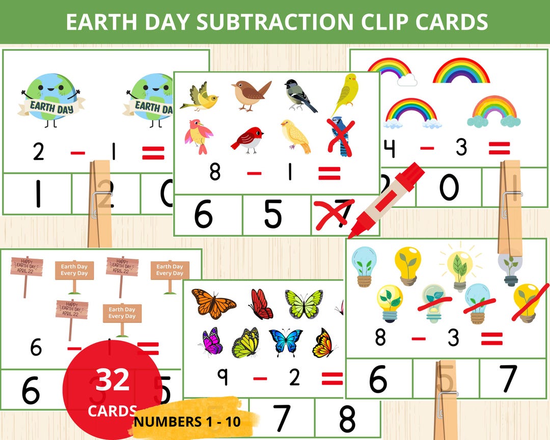 Earth Day Subtraction Clip Card,earth Day Subtraction Cards,nature Math ...