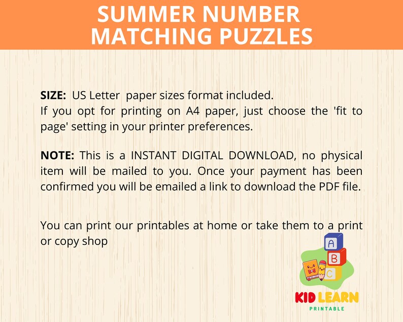 Summer Number Matching,summer Puzzle,counting Activity,preschool,number ...