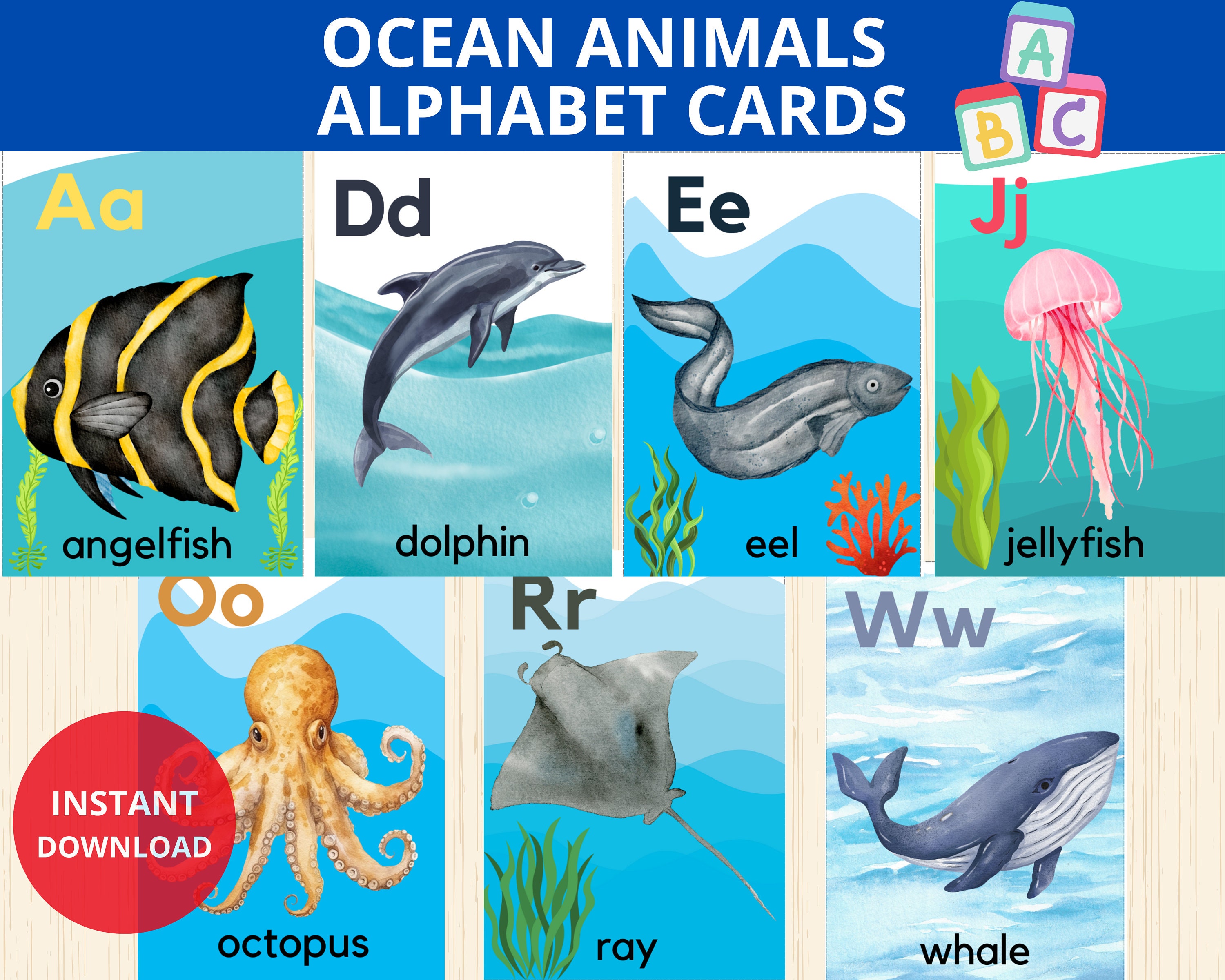 Ocean Alphabet Cards,ocean Animal Flash Cards,montessori,world Ocean ...