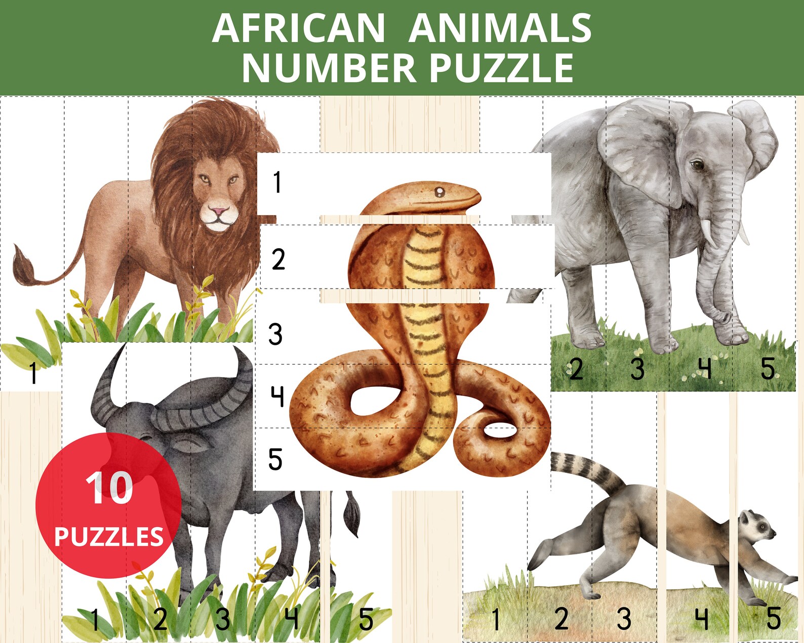 African Animal Number Sequence 1-5 Puzzles,african Animals Montessori ...