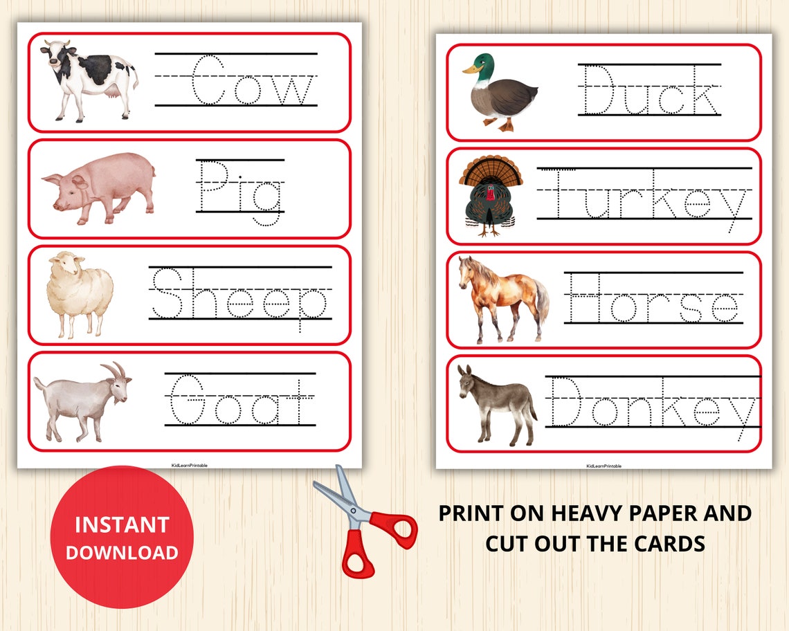 Farm Animals Word Tracing Cards,farm Words Tracing,farm Montessori,farm ...