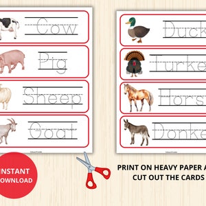Farm Animals Word Tracing Cards,farm Words Tracing,farm Montessori,farm ...