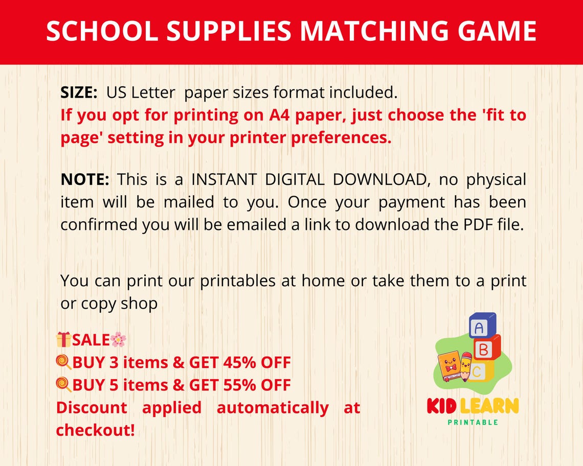School Supplies Matching Game,back to School Game,school Items Matching ...