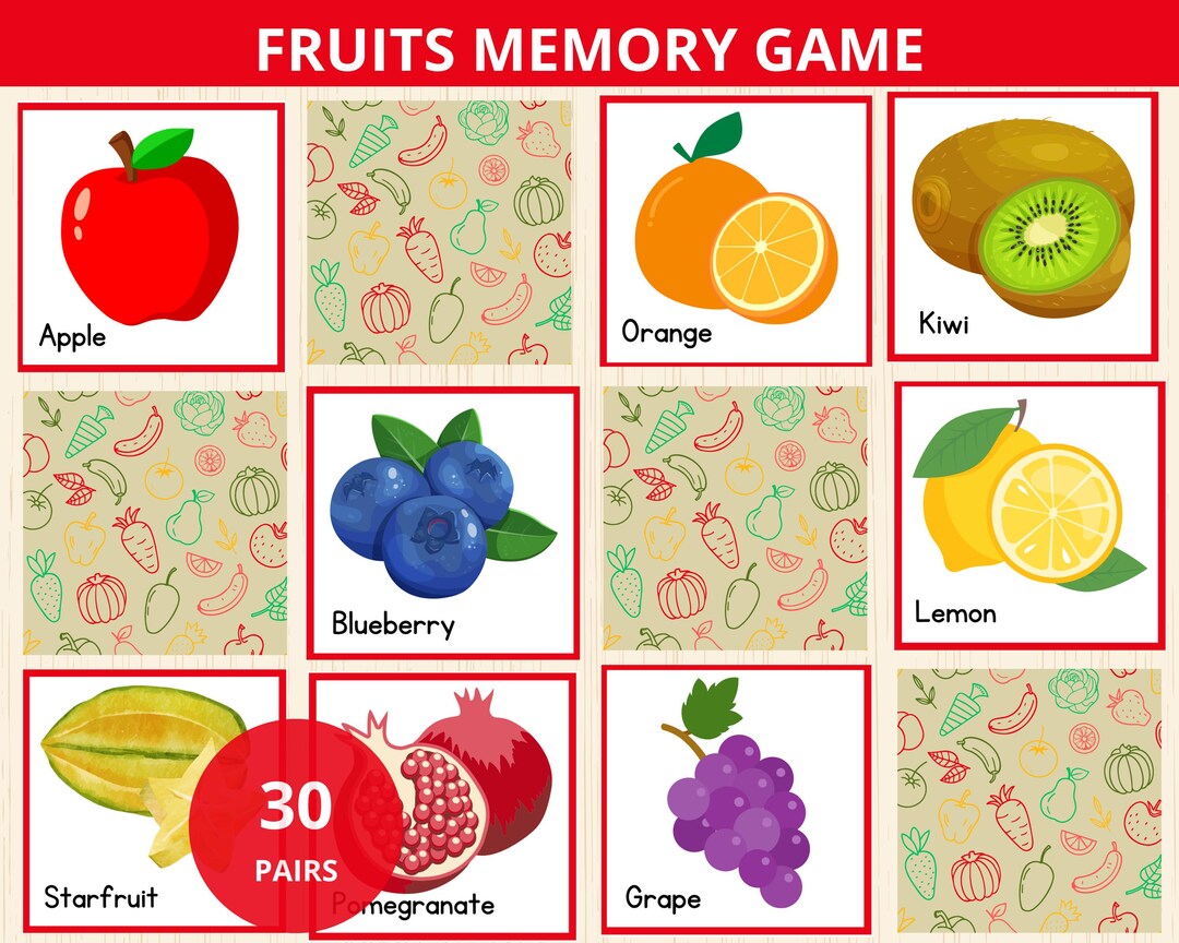 Fruit Memory Game,fruits Matching Cards,memory Games for Kid,fruit ...