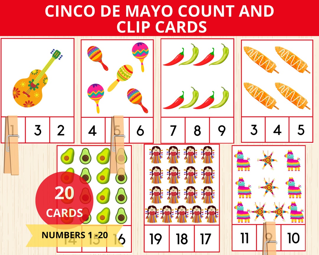 Cinco De Mayo Count and Clip Cards,numbers 1-20, Flashcards,mexican ...