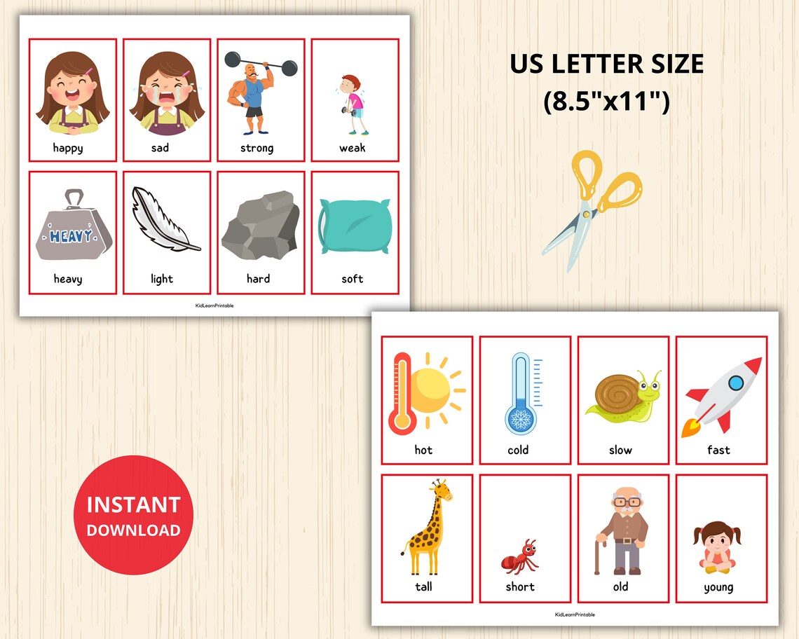 Opposites Matching Flashcards,opposites Flashcards for Kids, Pairing ...