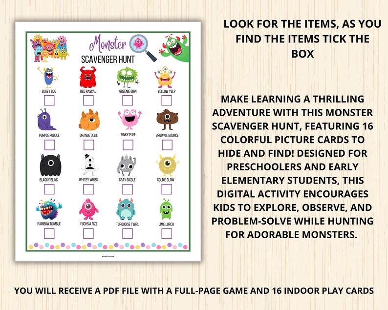 Monster Scavenger Hunt,monster Game With Picture Cards to Hide,monster ...