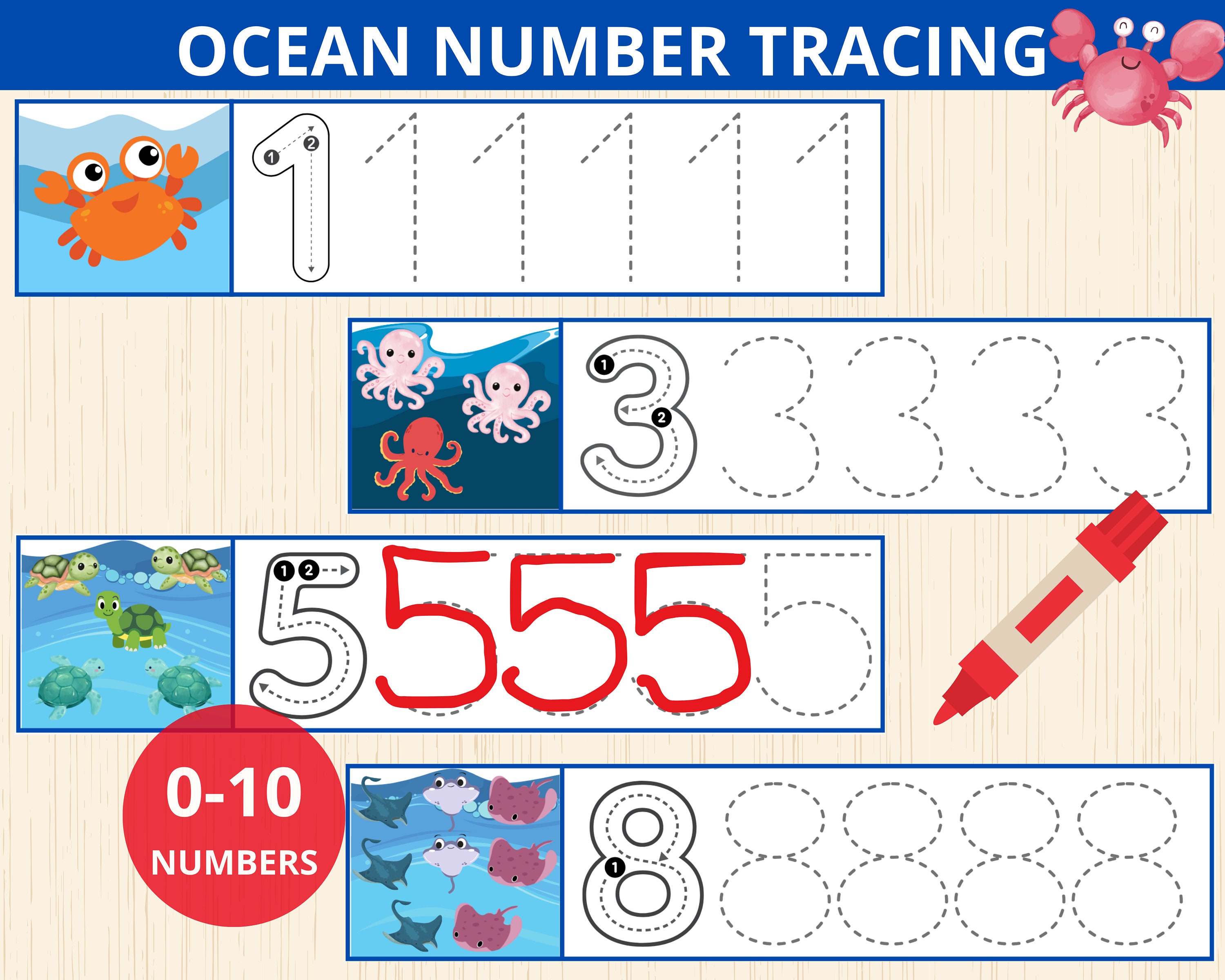Ocean Animals Number Tracing,handwriting Practice,writing Skills ...