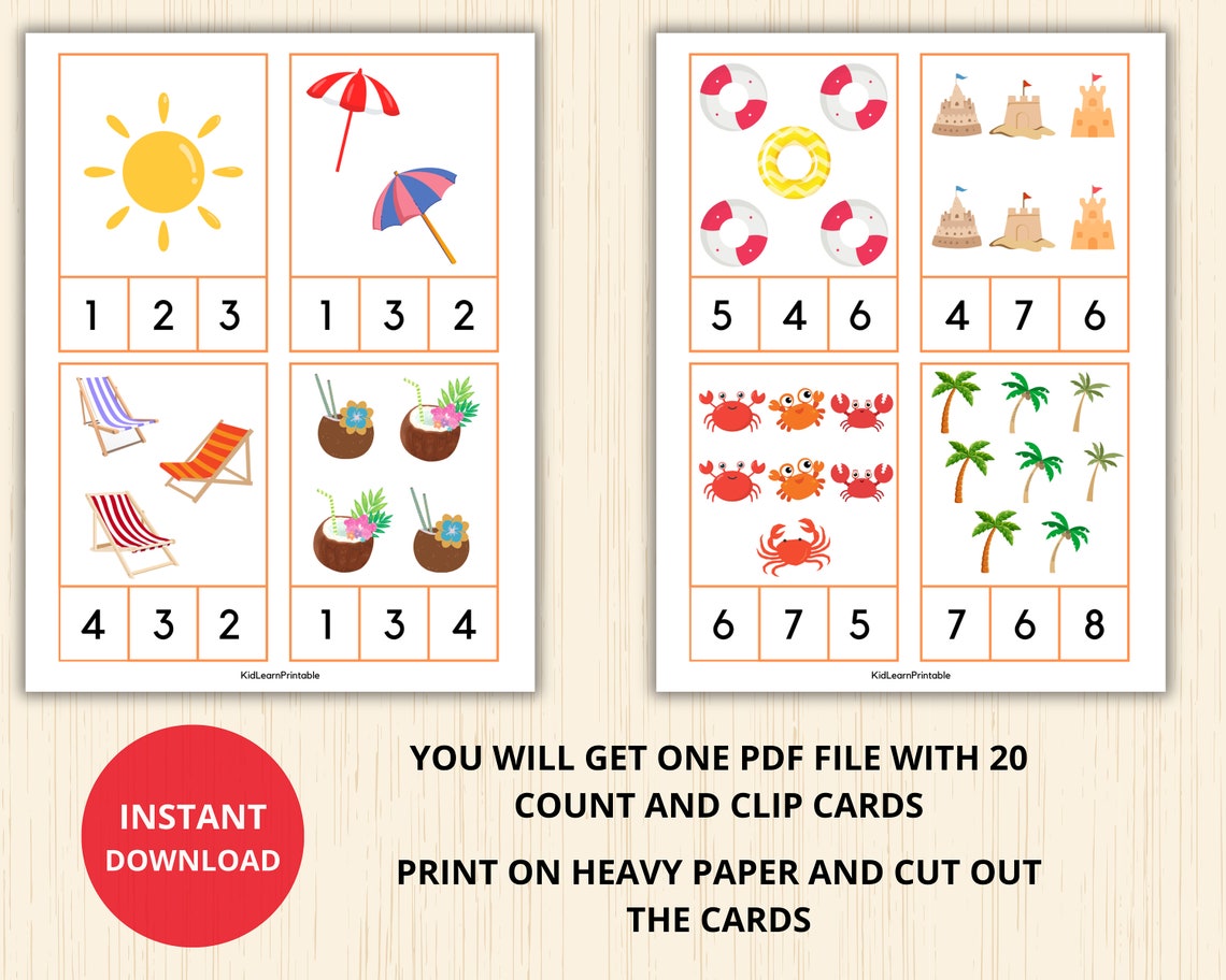 Summer Count and Clip Cards,numbers 1-20,preschool Math,kindergarten ...