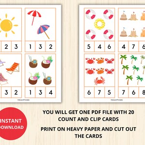 Summer Count and Clip Cards,numbers 1-20,preschool Math,kindergarten ...