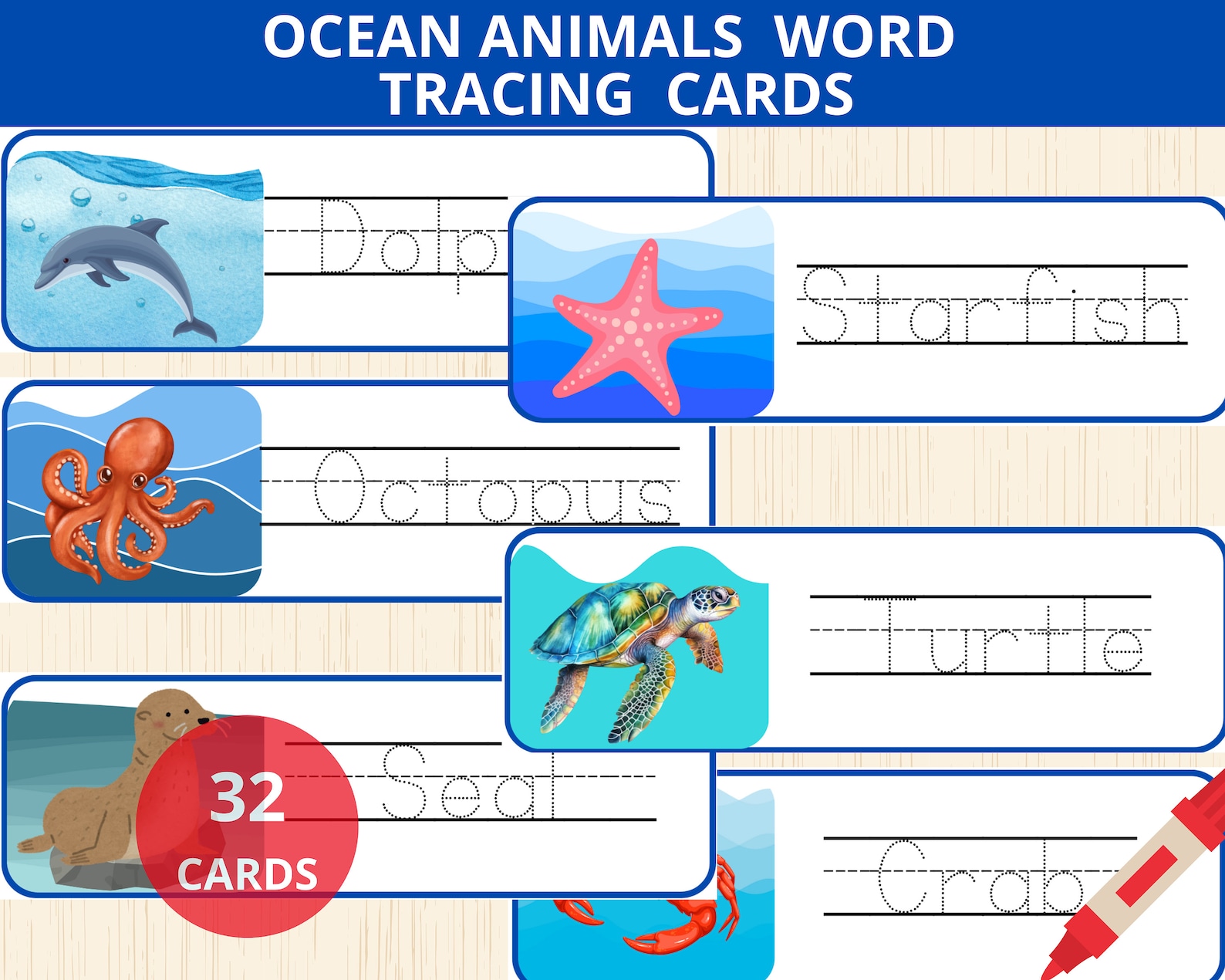 Ocean Animals Word Tracing,sea Animals Tracing,sealife Tracing,summer ...