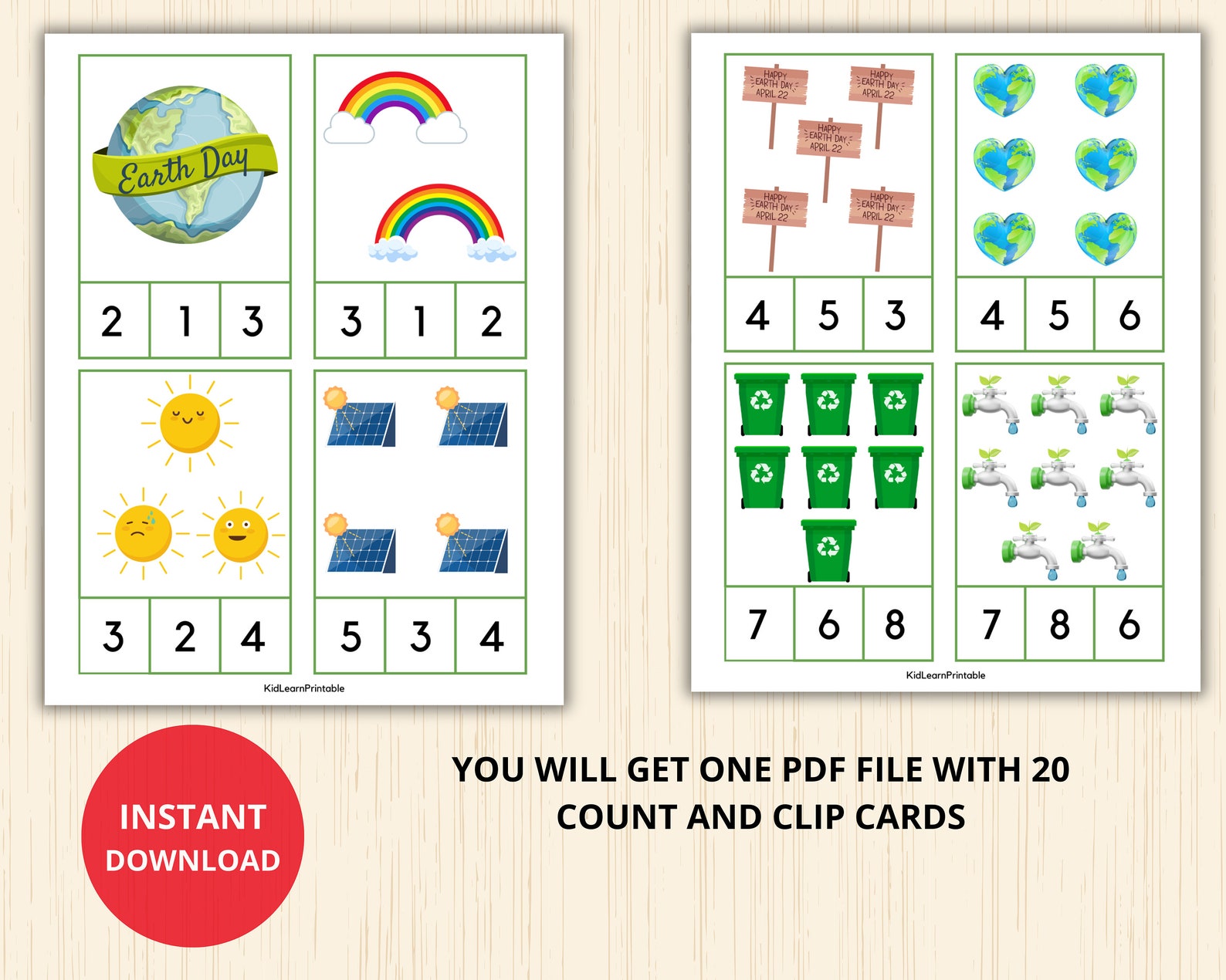 Earth Day Count and Clip Cards,numbers 1-20,counting Cards, Earth Day ...