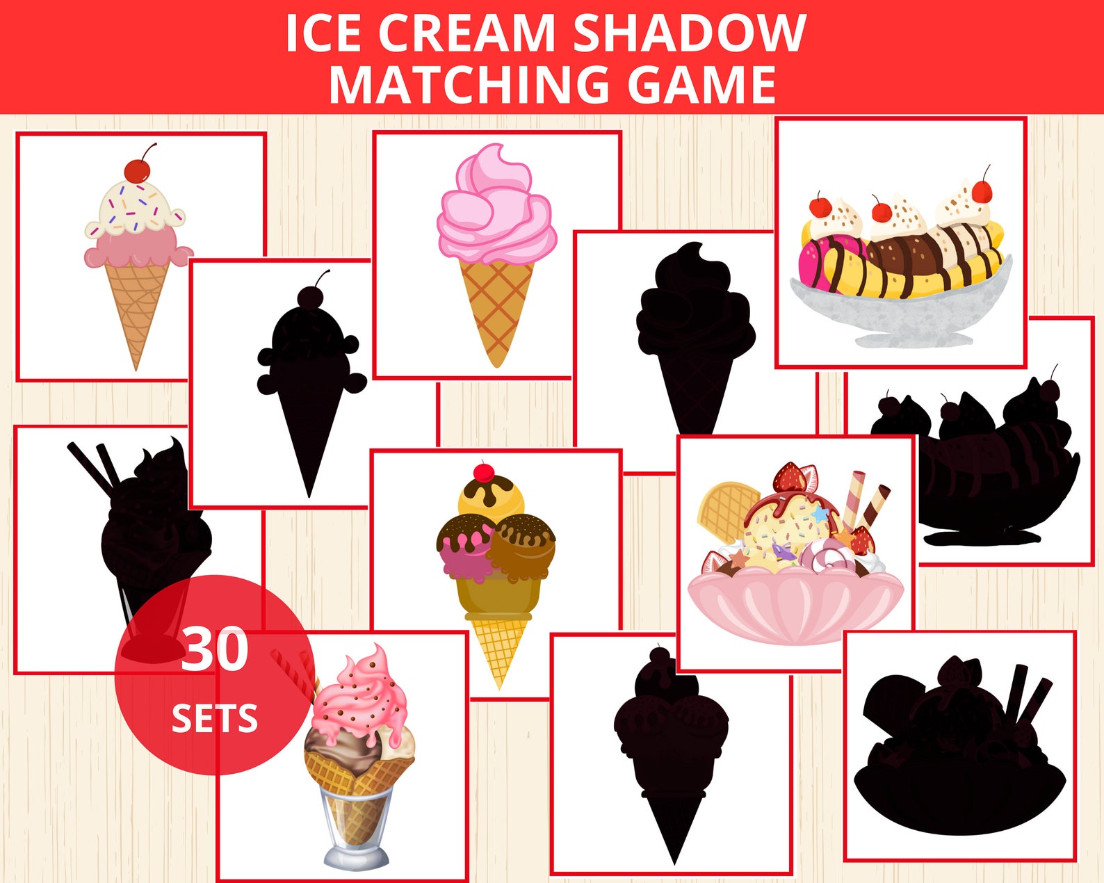 Ice Cream Shadow Matching Game,summer Matching Card,ice Cream Unit ...