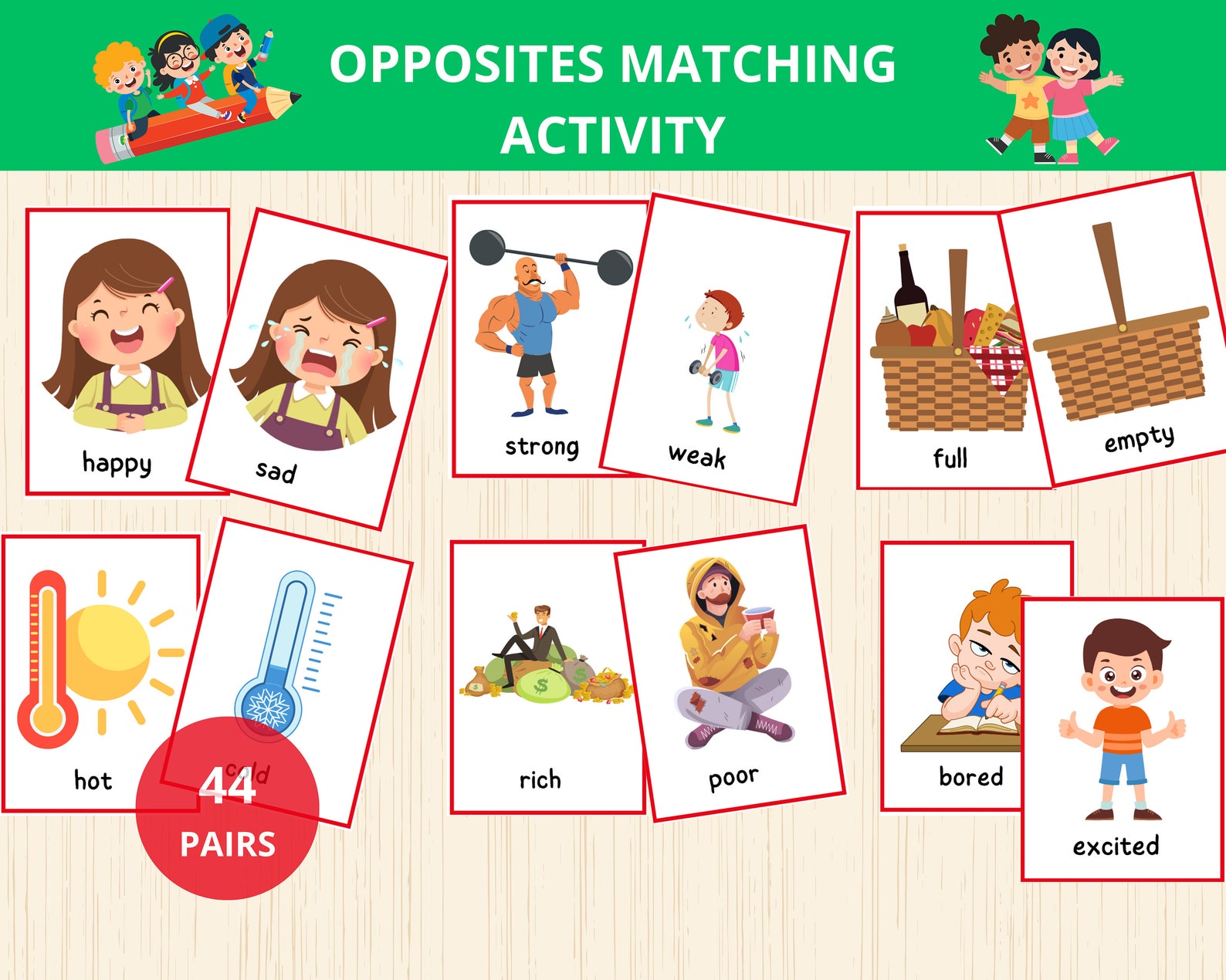 Opposites Matching Flashcards,opposites Flashcards for Kids, Pairing ...