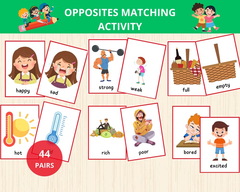 Opposites Matching Flashcards,opposites Flashcards for Kids, Pairing ...