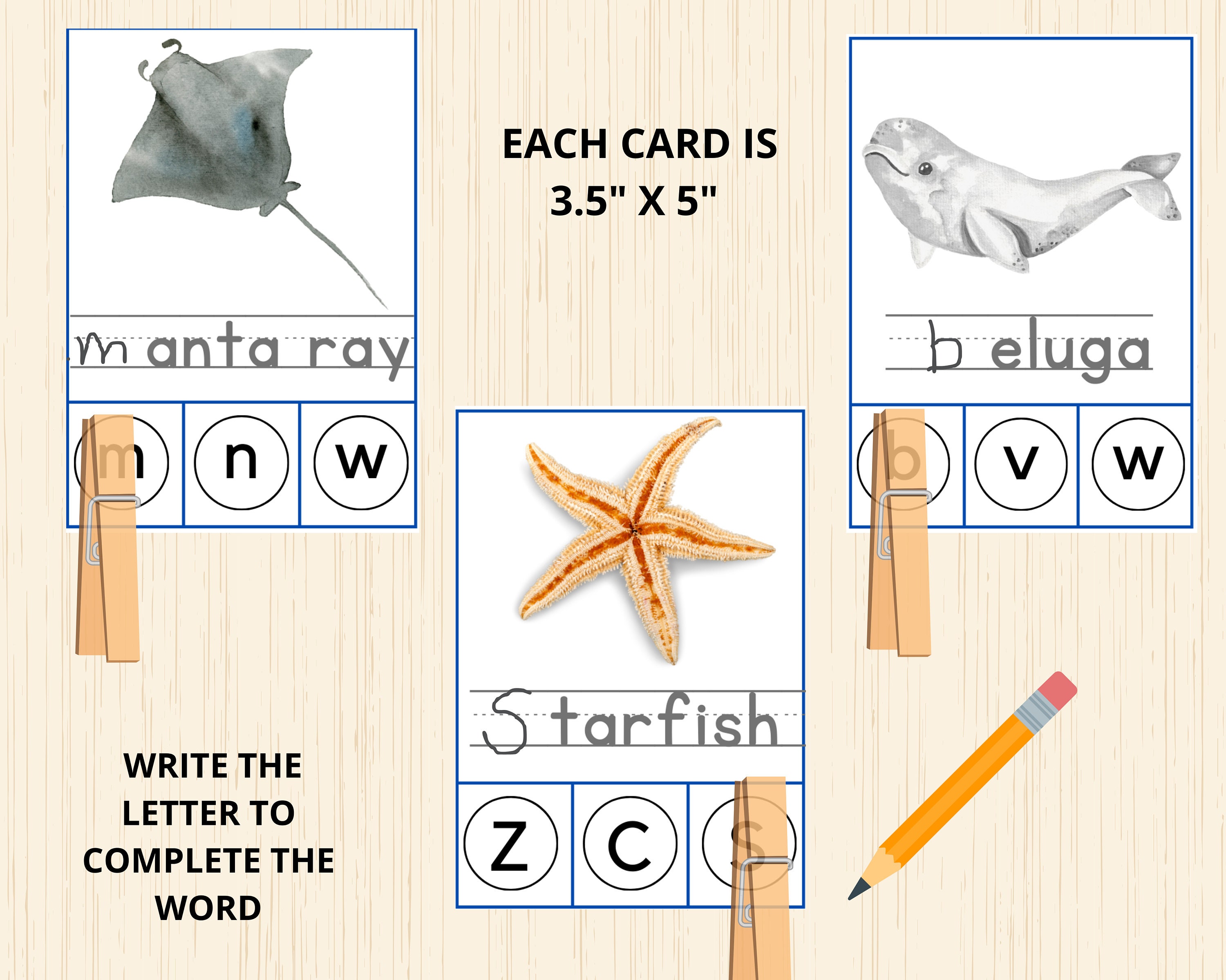 Ocean Animal Phonics Clip Cards, Beginning Sound Activity, Sea Animals ...