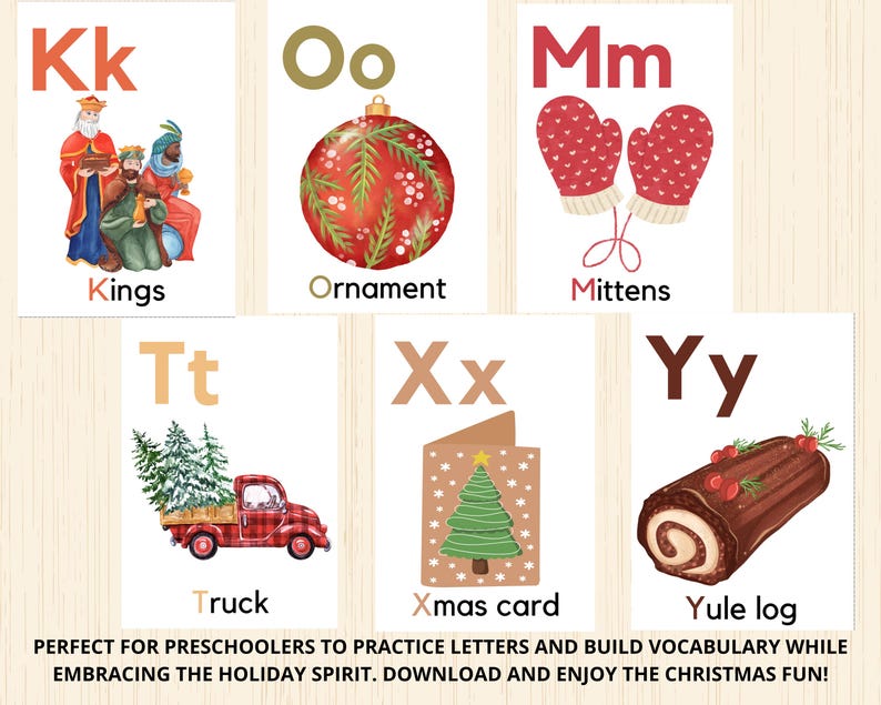 Christmas Alphabet Cards,christmas Cards for Kids,christmas Flashcards ...