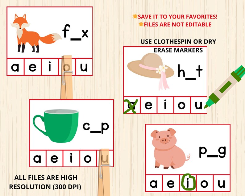 CVC Words Missing Vowel Clip Cards,cvc Vowel Sound Clip Cards ...