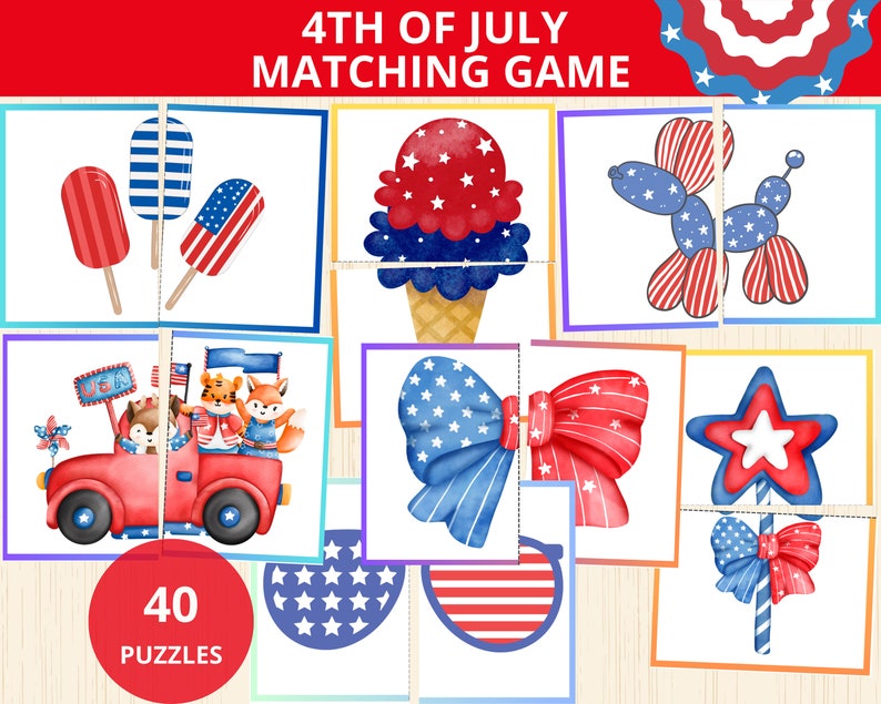 4th of July Matching Game,4th of July Puzzle Symmetry,matching Activity ...