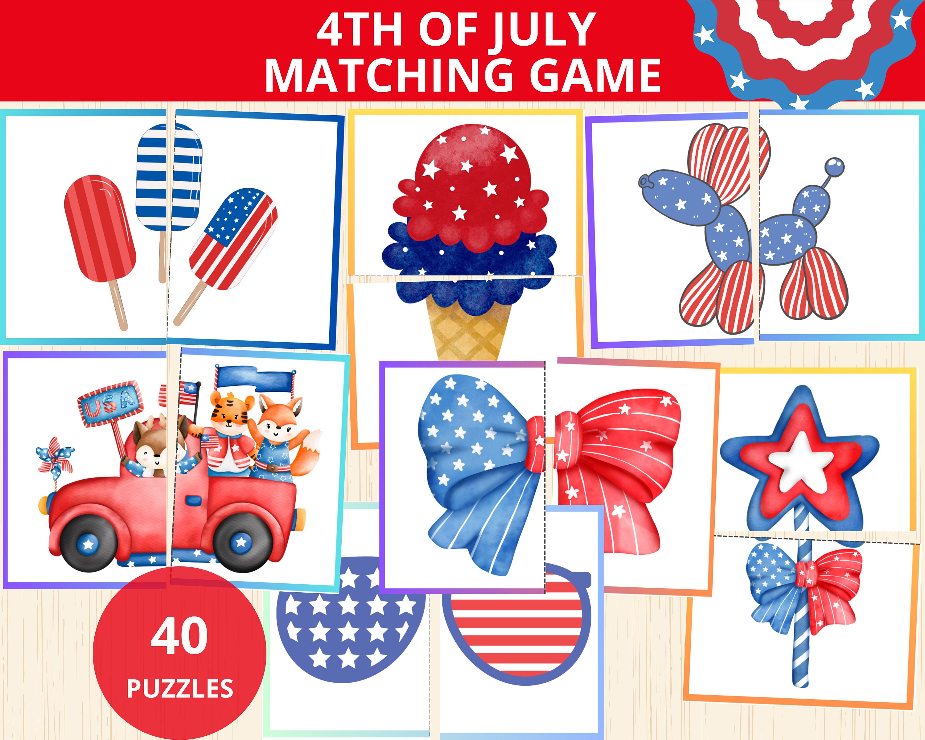 4th of July Matching Game,4th of July Puzzle Symmetry,matching Activity ...
