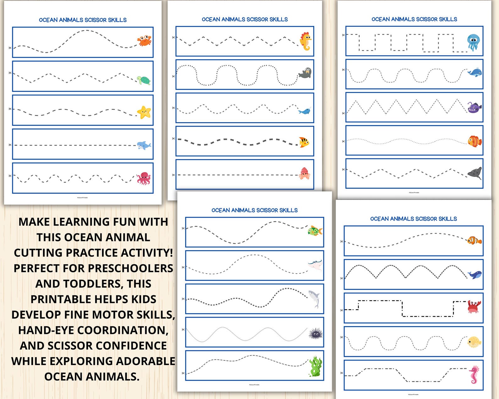 Ocean Animal Cutting Strips,cutting Practice Worksheets,sea Animal ...
