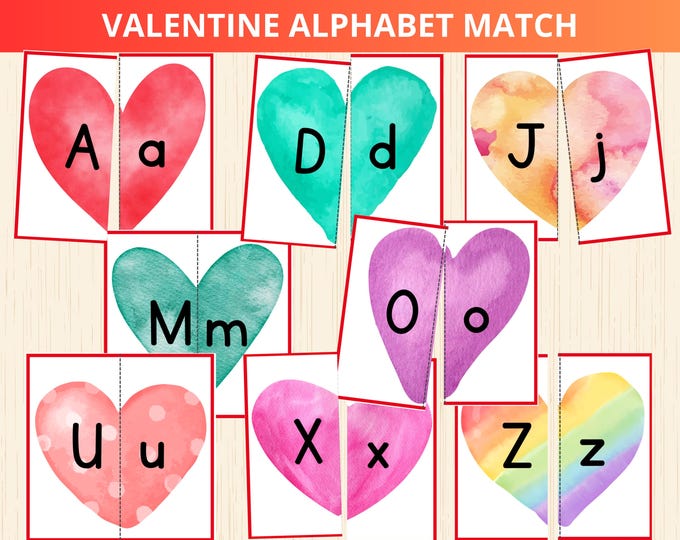 Heart Letter Matching Game, Printable Valentine's Day Game, Uppercase ...