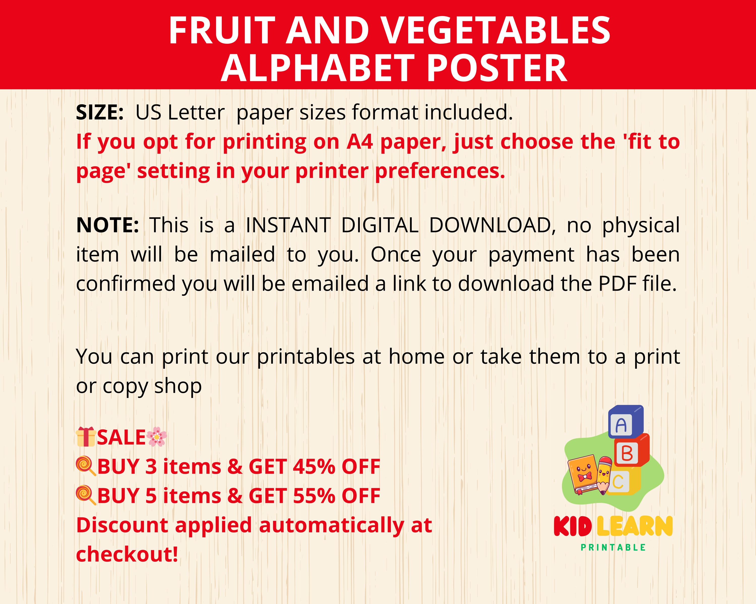 Fruit and Vegetables Alphabet Poster,fruit Flashcards,veggies A to Z ...