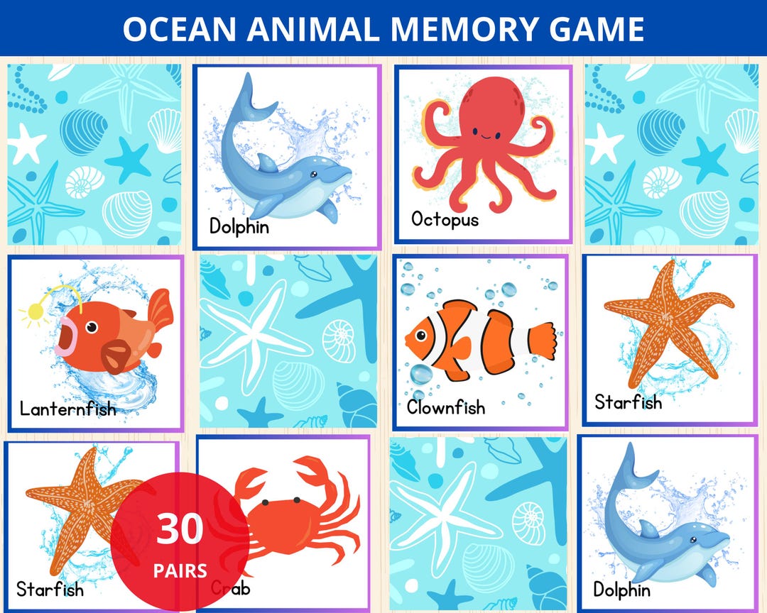 Jogo da memória de animais do oceano, jogo de correspondência do oceano ...