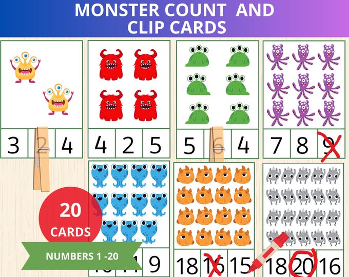 Monster Count and Clip Cards,monster Flashcards,monster Math Preschool ...
