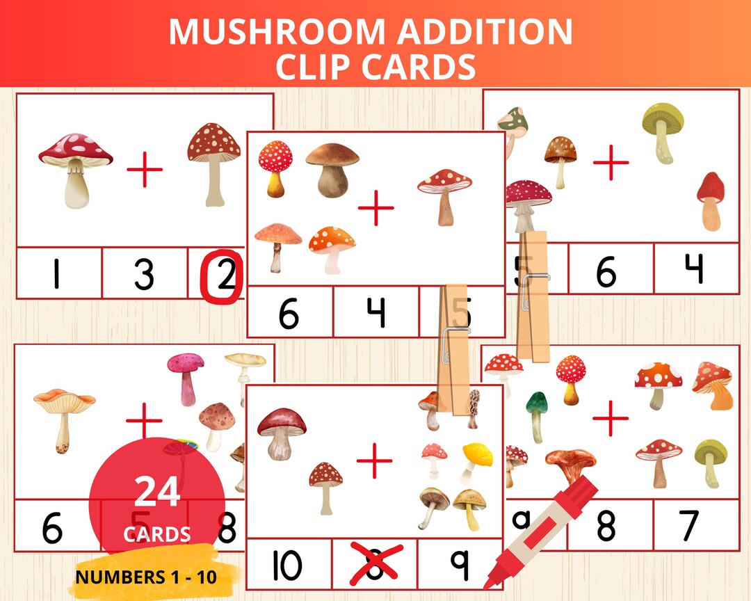 Mushroom Addition Card,autumn Math Activity,autumn Addition Clip Card ...