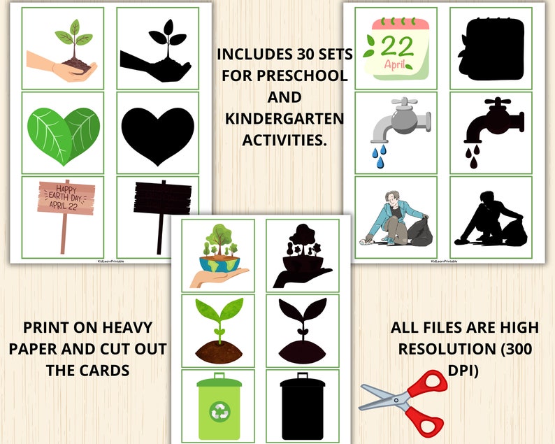 Earth Day Shadow Matching Cards, Earth Day Flashcards,environmental ...